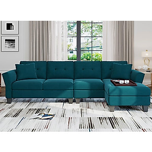 Belffin Convertible Sectional Couch Velvet L Shaped Sofa 4 Seat Sofa with Chaise L-Shaped Couches Reversible Sectional Sofa Peacock Blue