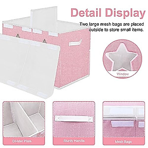 Xmasorme Large Toy Box for Girls, Toy Chest Box Organizer Bins with Star Transparent Windows, Sturdy Handles and Mesh Bag, Foldable Large Size Storage Box for Nursery, Playroom, Bedroom