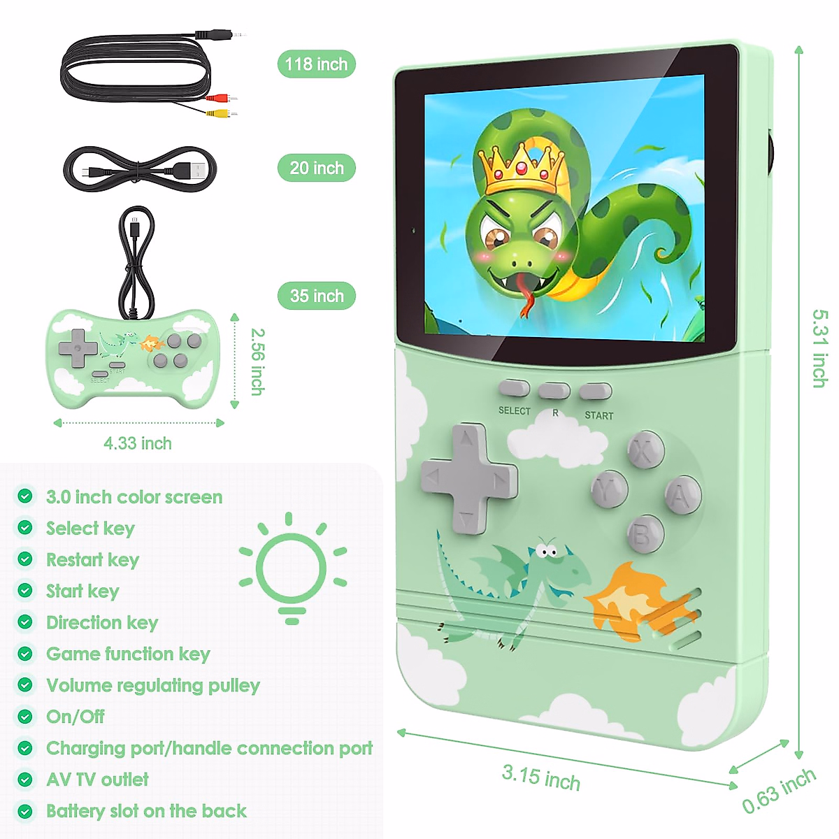 Aibrisk Dinosaur Retro Handheld Game Console with 500 Classic FC Games, 3.0 inches HD Screen Portable 1020mAh Battery Rechargeable Video, Support TV & Two Players Present for Kids & Adults (Green)