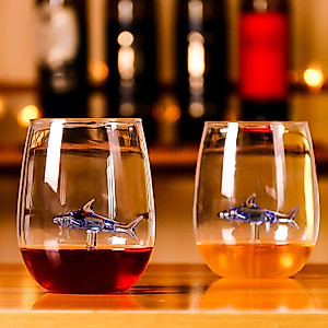 Shark Wine Glass, Personalized Stemless Crystal Shark Wine Glasses with Shark Inside (Set of 2), Fancy Cool Red Wine Cups, Unique Shark Lover Gifts for Women Party Birthday Wedding (Blue)