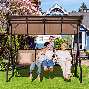 RYNSTO Outdoor Porch Swing with Adjustable Hardtop, Backrest, 3-Person Patio Canopy Swing Textilene Bed with Side Cup Holder, Pillow for Garden, Deck, Back Yard, Lawn (Brown)