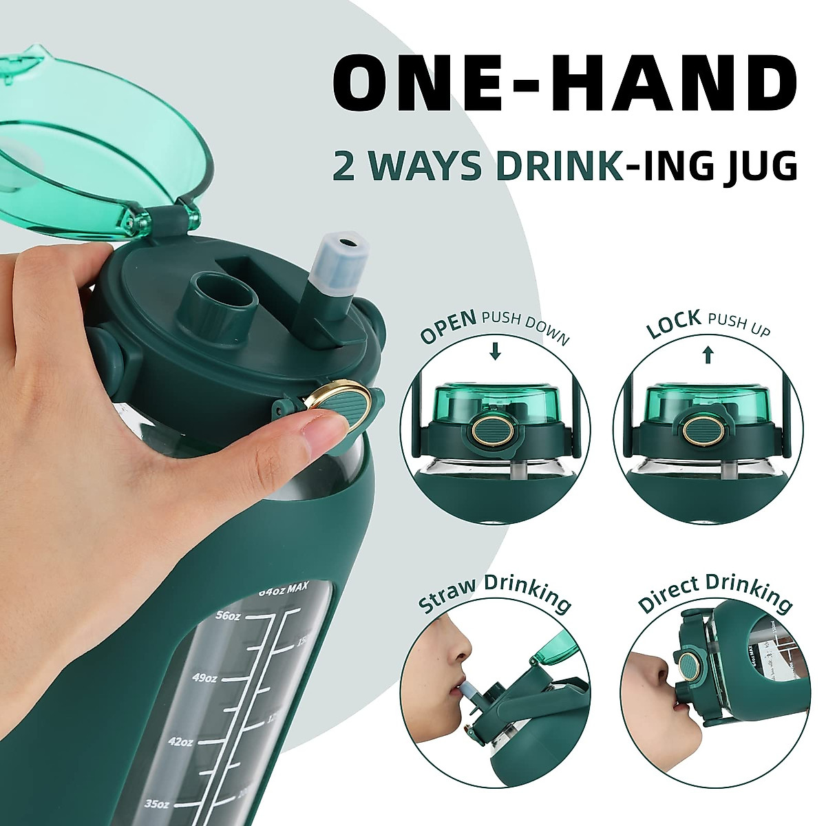 SIEROZUR 74oz Glass Water Bottle with Straw 2.2L Large Gallon Motivational Water Bottle with Handle and Time Marker Wide Mouth Water Jug with Silicone Sleeve