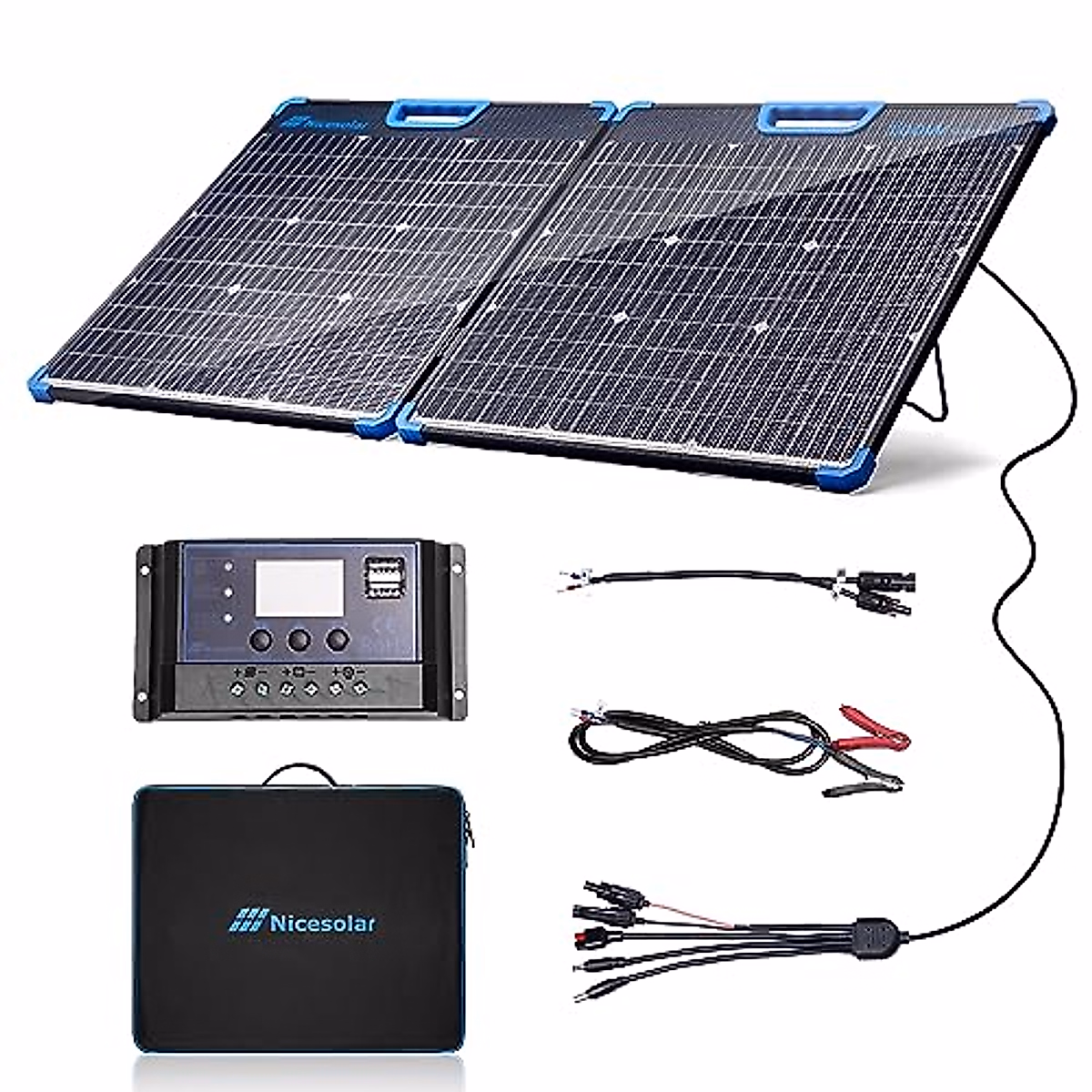 Nicesolar Portable 100W Solar Panel Kit Bifacial Foldable 100 Watt Solar PV Module Charger for Portable Power Station & Lead-Acid & Lithium & LiFePO4 12V Battery for Camping Outdoor Boat RV
