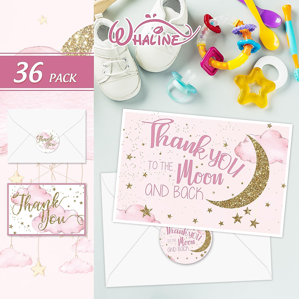 Whaline 36 Pack Pink Baby Shower Thank You Cards with Envelopes Matching Seal Stickers Glitter Starry Twinkle Moon Blank Note Cards for Birthday Supplies