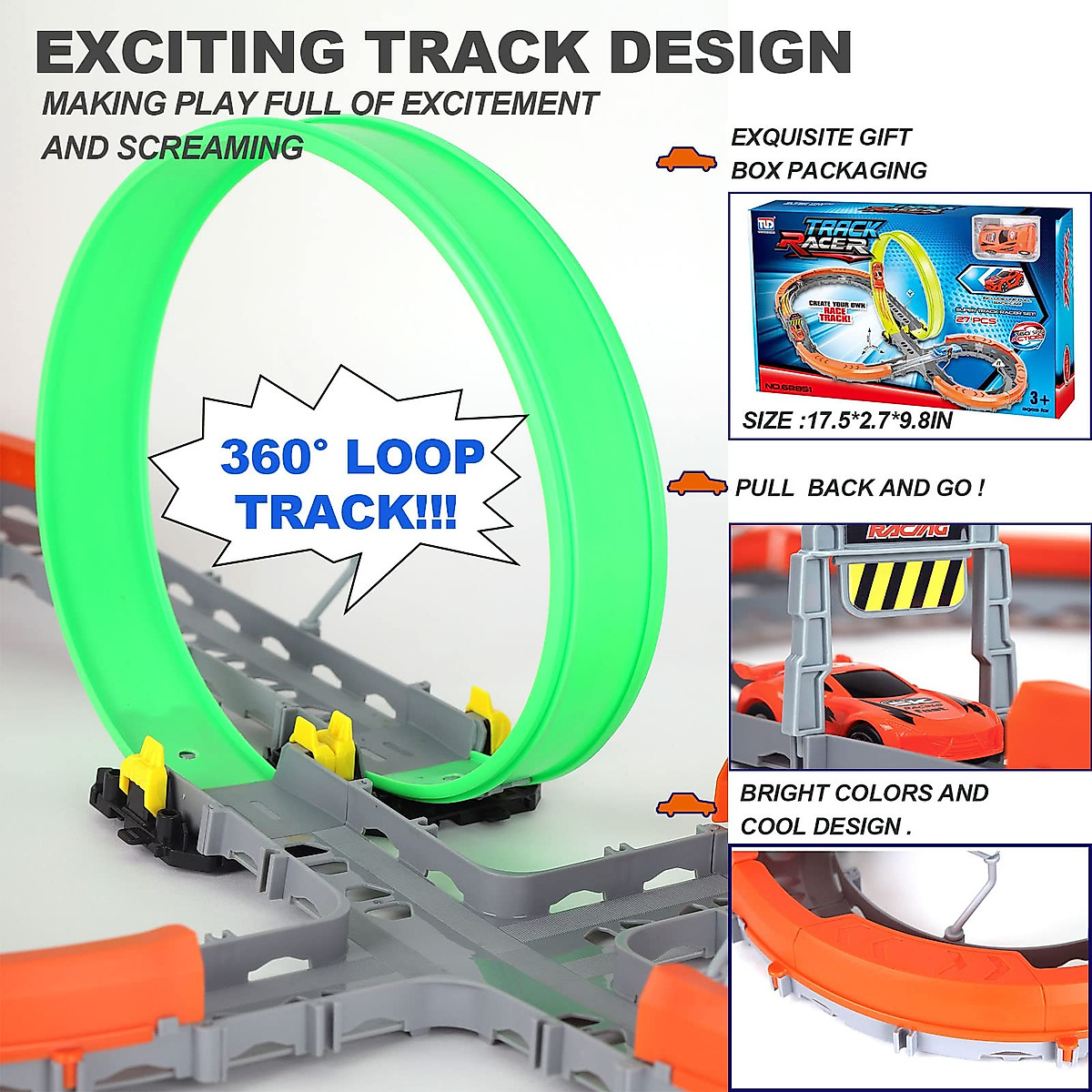 Race Car Track Set, Assembled Car Track Toys with 27 Pcs Building Kits, 2 High Speed Race Cars, 360° Loop X-type Crossing Track for Kids 3+ Ages Birthday (A Race Car Set)