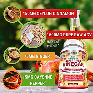 Apple Cider Vinegar Capsules Max 1740mg with Mother - 100% Natural & Raw with Cinnamon, Ginger & Cayenne Pepper - Ideal for Healthy Living, Detox & Digestion -120 Vegan Pills