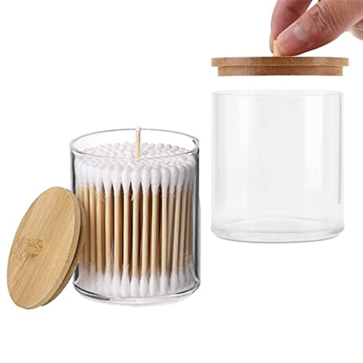 JIEQIJIAJU 2 Pack Acrylic Qtip Holders, Large Cotton Round Holder with Bamboo Lid Clear Apothecary Jars Bathroom Canister Storage for Q-Tips, Cotton Pads & Swab, Hair Ties, Makeup Brush Organizing