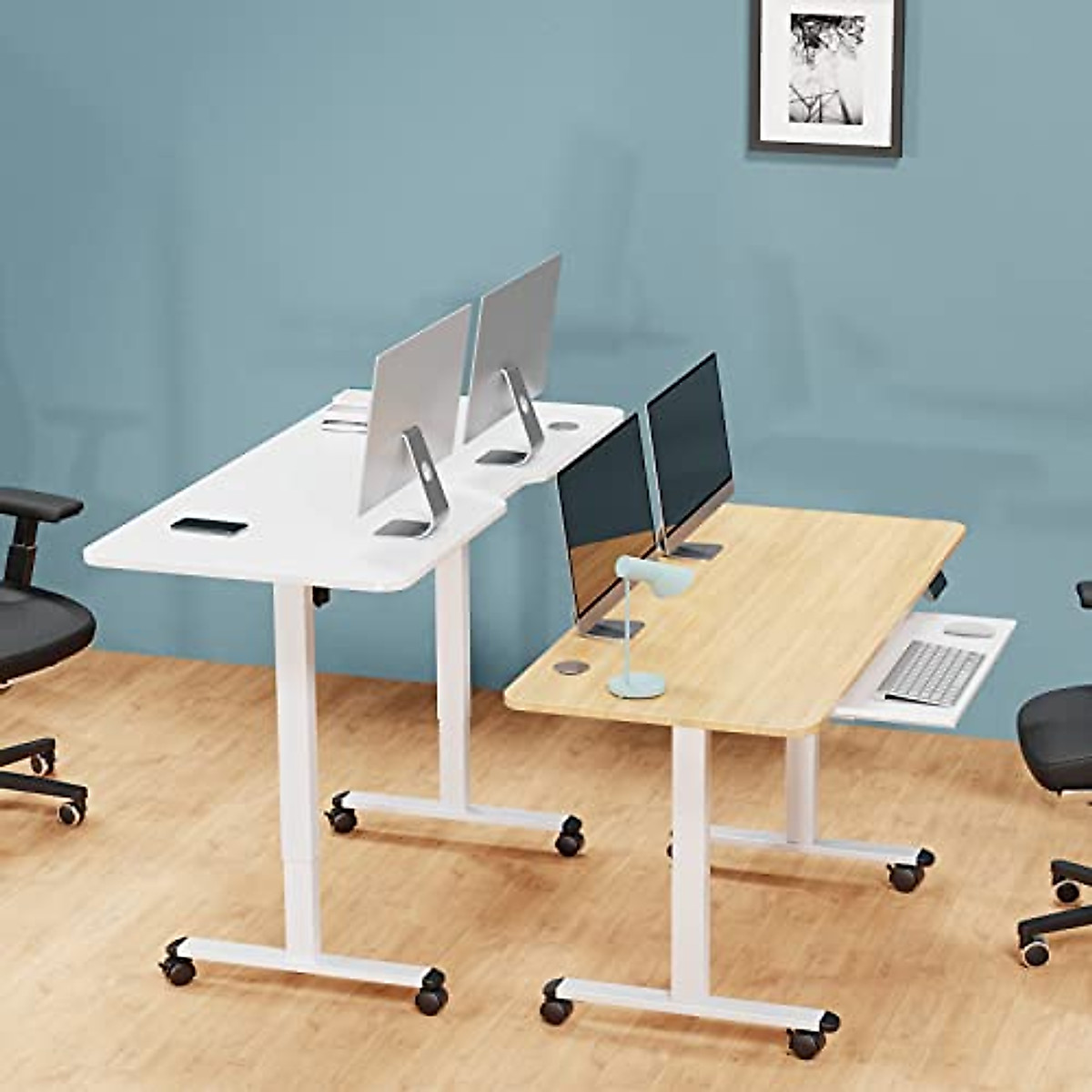 WOKA Electric Standing Desk Adjustable Height, 48 x 24 Inches Stand up Desk with Keyboard Tray, Sit Stand Desk with Memory Controller for Home Office, Motorized Desk with Splice Board, Oak