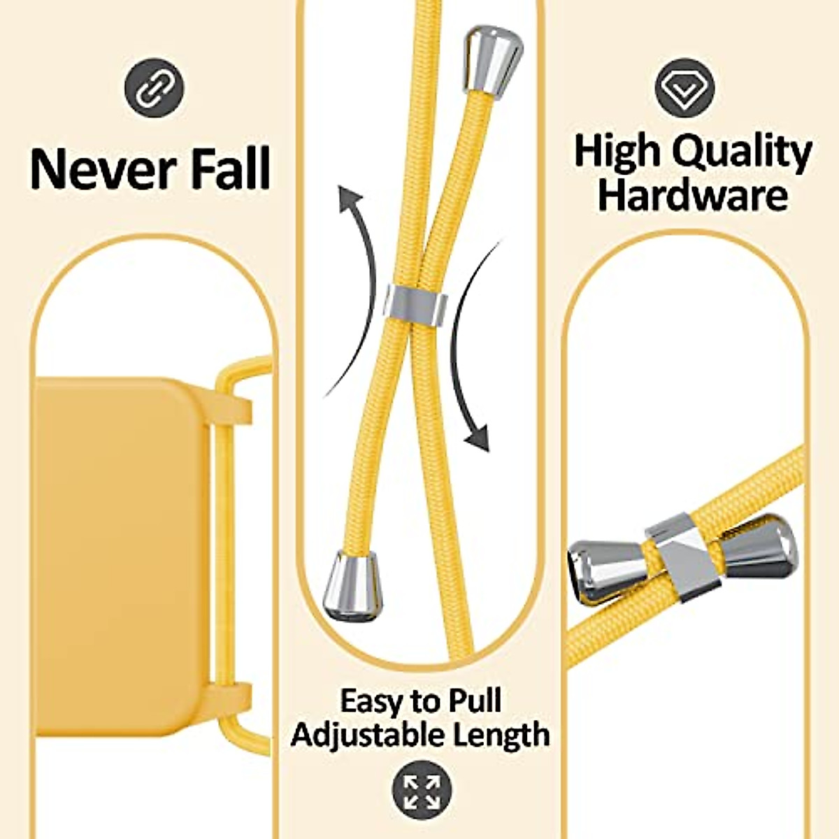 blaspins Crossbody Lanyard Strap Case for iPhone 14, Neck Cross Body, Adjustable Holder Removable, Drop Protection Shockproof, Hands-Free Silicone Case Cover 6.1 inch, 150 cm Strap, iP14 - Yellow