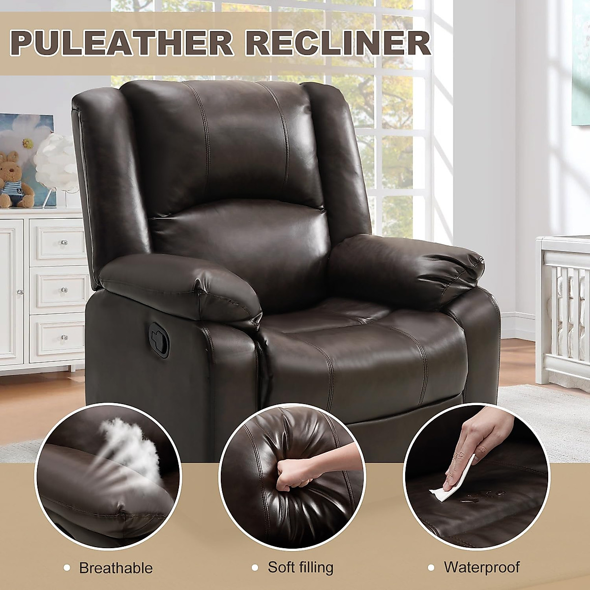 RISAR Oversized Rocker Recliner Chair, Ergonomic Nursery Manual Rocking Armchair Upholstered Thick backrest & Removable armrest Single Sofa Chair for Living Room (Dark Grey)