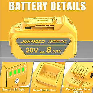 JUNWOOD 2Pack 8.0Ah Lithium Replacement for Dewalt 20V Battery Max XR Cordless Tools DCB180 DCB205 DCB206 DCB206-2 DCB200 DCB204 DCB204BT-2 DCB203 DCB201 DCB207