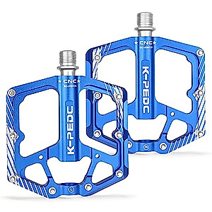 K PEDC Bike Pedal Aluminum Alloy 9/16" Bike Pedal MTB Wide Platform Flat Non-Slip Bicycle Pedals with 3 Bearings for Mountain Bikes, Road, BMX Blue