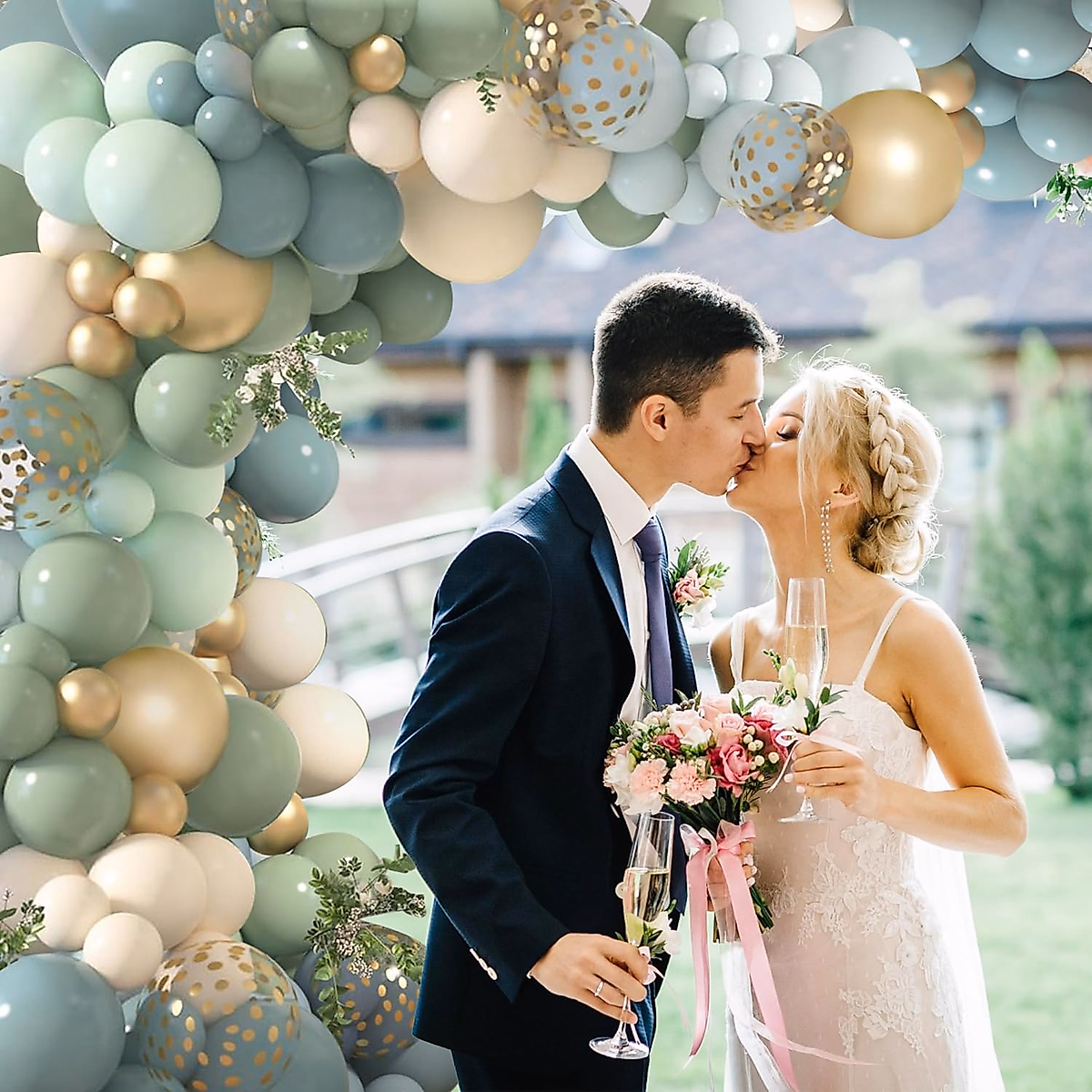 Dusty Blue Sage Green Balloon Arch Kit, Pastel Blue Green Sand White Gold Confetti Balloons Garland Kit for Baby Shower Wedding Bridal Boho Birthday Party Backdrop Decorations……