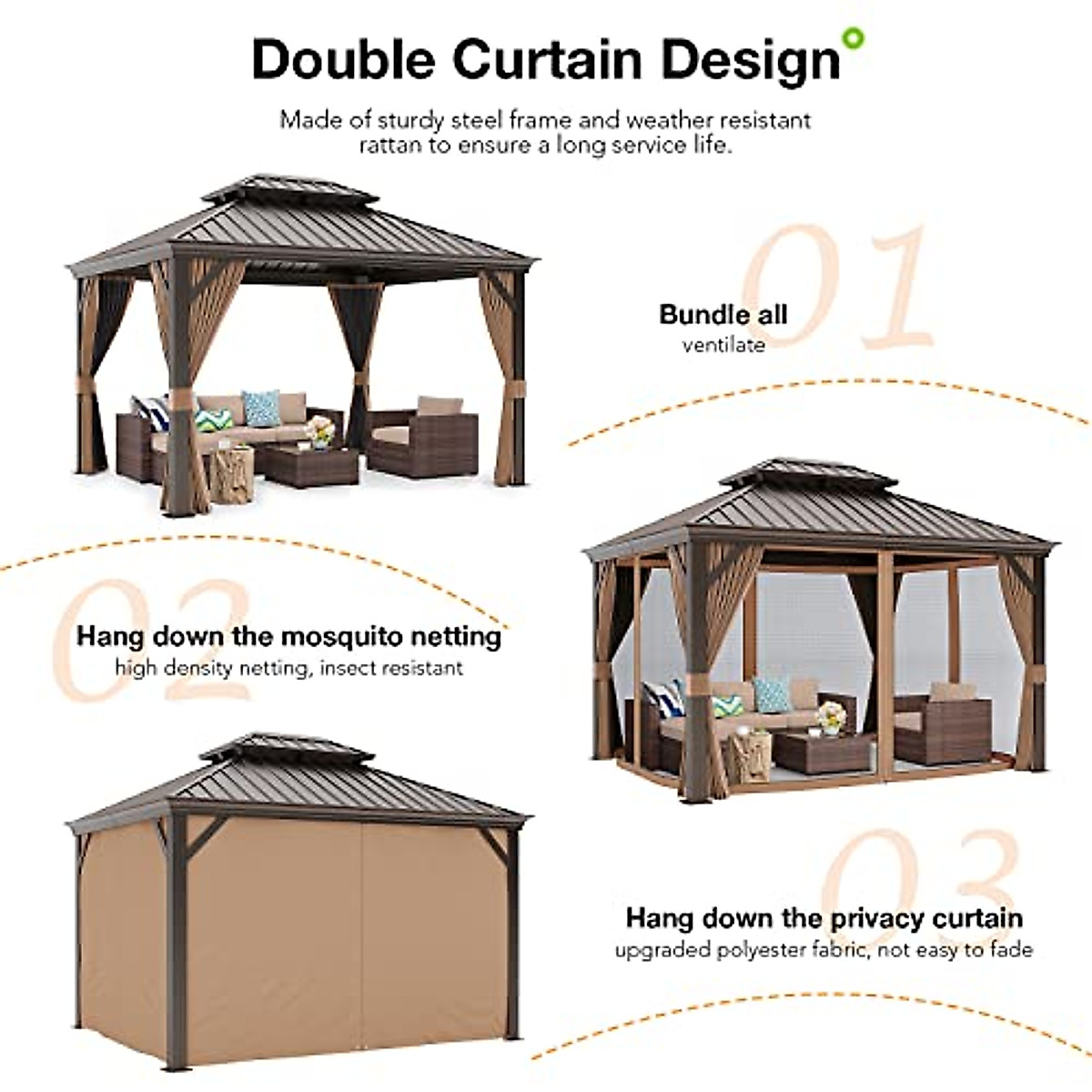 Patiorama 10’ x 12’ Hardtop Gazebo, Outdoor Aluminum Gazebo with Galvanized Steel Double Vented Roof Canopy, W/Shaded Curtains and Netting, Pergola for Patio, Garden, Yard, Lawn,Party, BBQ (Brown)