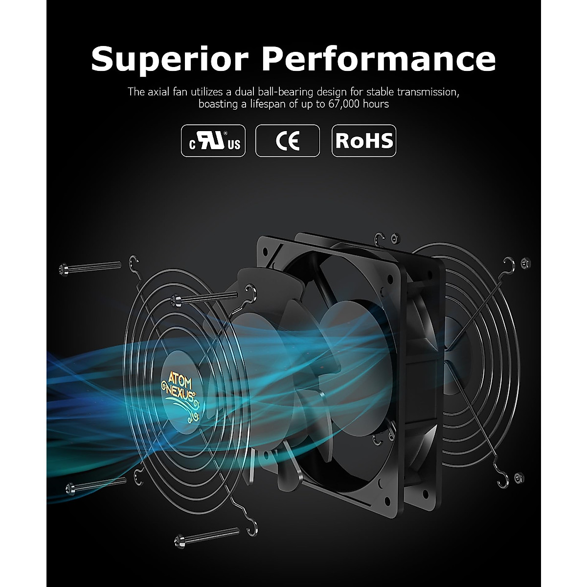 ATOM NEXUS AC Axial Fan AN1225, 120V Computer Fan with AC Plug, Quiet Muffin Fan, 120mm x 25mm Computer Cooling Fan for DIY Cooling Ventilation Exhaust Projects