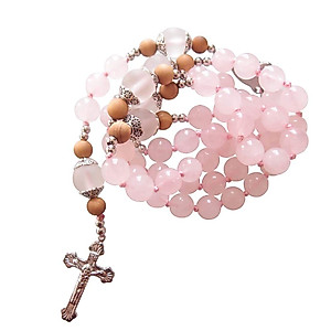 sundysh Rosary Beads Catholic Necklace for Women Girls, Pink Crystal Wood Prayer Rosaries Chain, 5 Decades Steel Crucifix Cross Christian Jewelry Gift