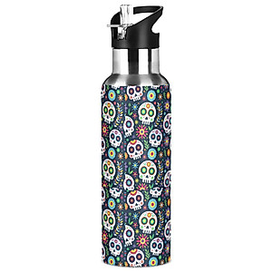 Sugar Skulls Water Bottle with Straw Lid Double Wall Daisy Thermos Bottle Vacuum Insulated Flask Stainless Steel Water Bottle for Gym Outdoor 20 OZ