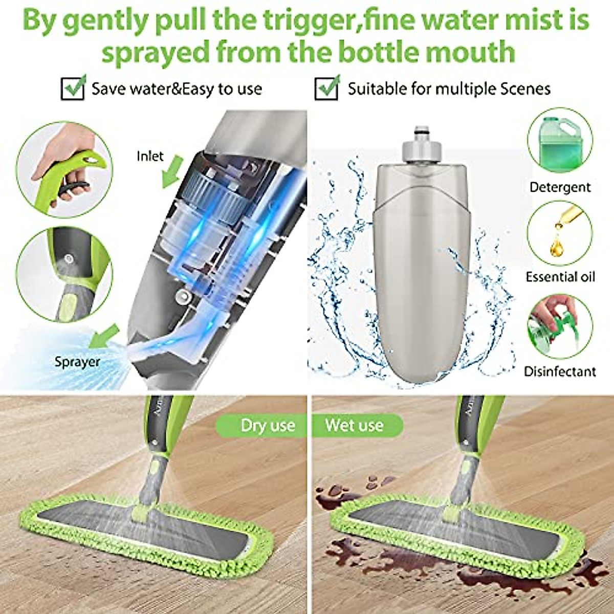 Spray Mop for Floor Cleaning Microfiber Mop Wet Dust Mop with 6 Reusable Washable Microfiber Pads and 610ML Refillable Bottle Dry Wet Kitchen Mop for Hardwood Laminate Tile Floor Cleaner Household