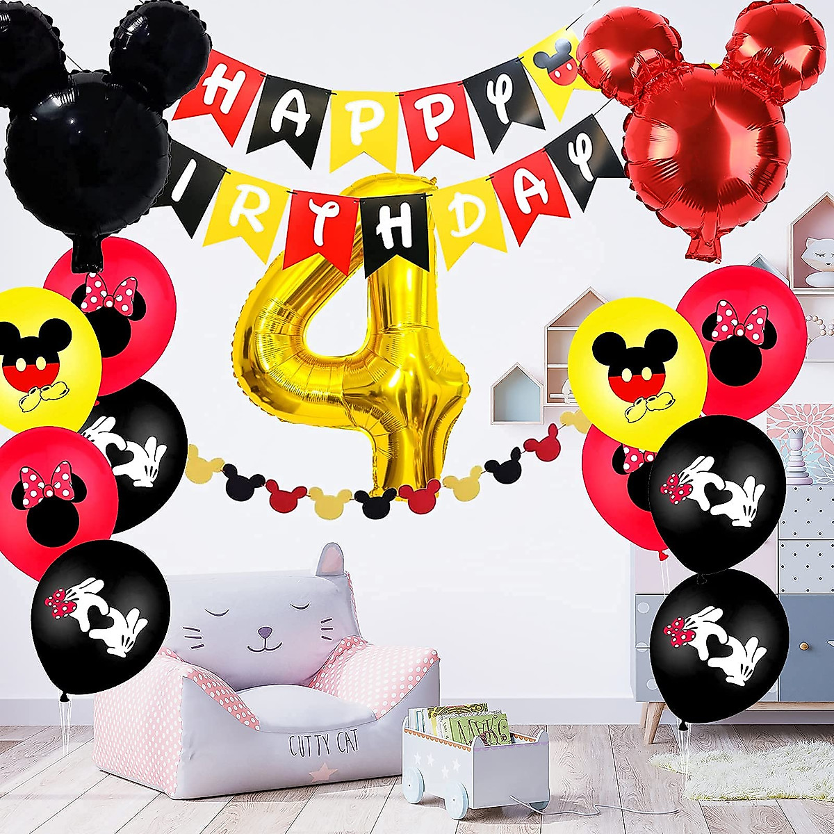 zrjssyp Mickey 4th Birthday Party Supplies, 4 Years Old Decorations for boys Three Decor Red Yellow Black Balloon Banner Number Foil Balloons Mouse Ears Headband Kids… (black 4th)