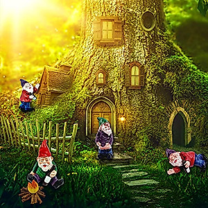4pcs Miniature Gnome Fairy Garden,Collectible Garden Gnome with Fire Set,Garden Accessories Ornaments Decorations,Garden Gnomes Figurines Mini Landscape Gnome Statue for Outdoor/House Decor Gift