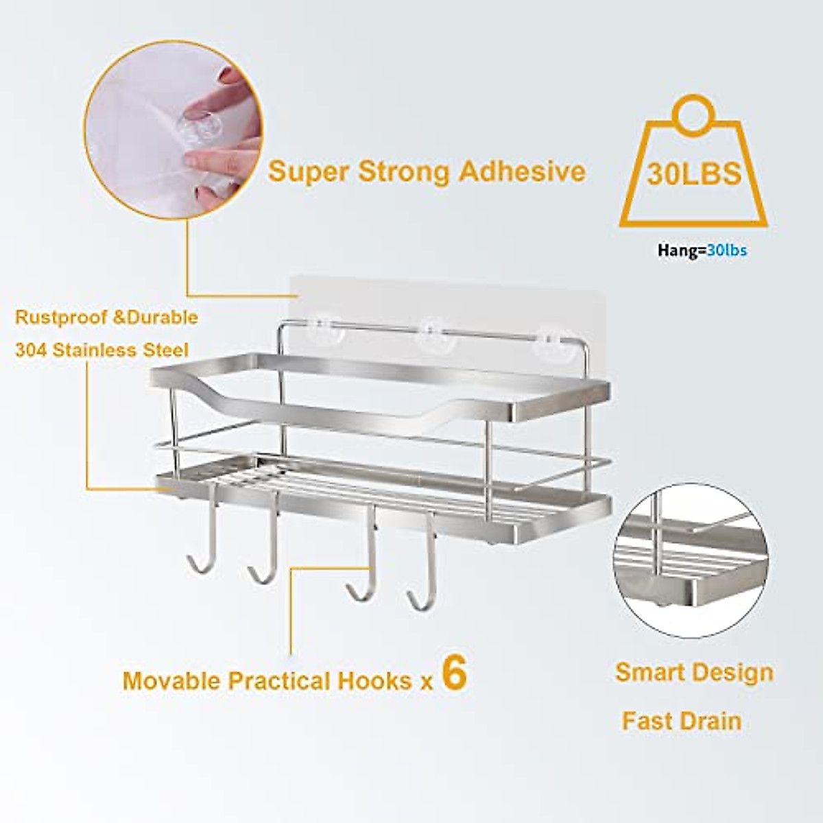 Adhesive Hanging Shower Caddy Organizer Shelf for Inside Shower with 6 Movable Hooks, 304 Stainless Steel, Wall Mount No Drilling, Spice Rack for Kitchen Storage -Silver, 2-Pack