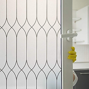 Privacy Window Film Decoration, Heat Control Window Tint for Home, Static Cling Glass Door Covering Window Sticker Removable Non-Adhesive UV Blocking, White Frosted w/Black Morocco Lines, 17.7"x78.7"