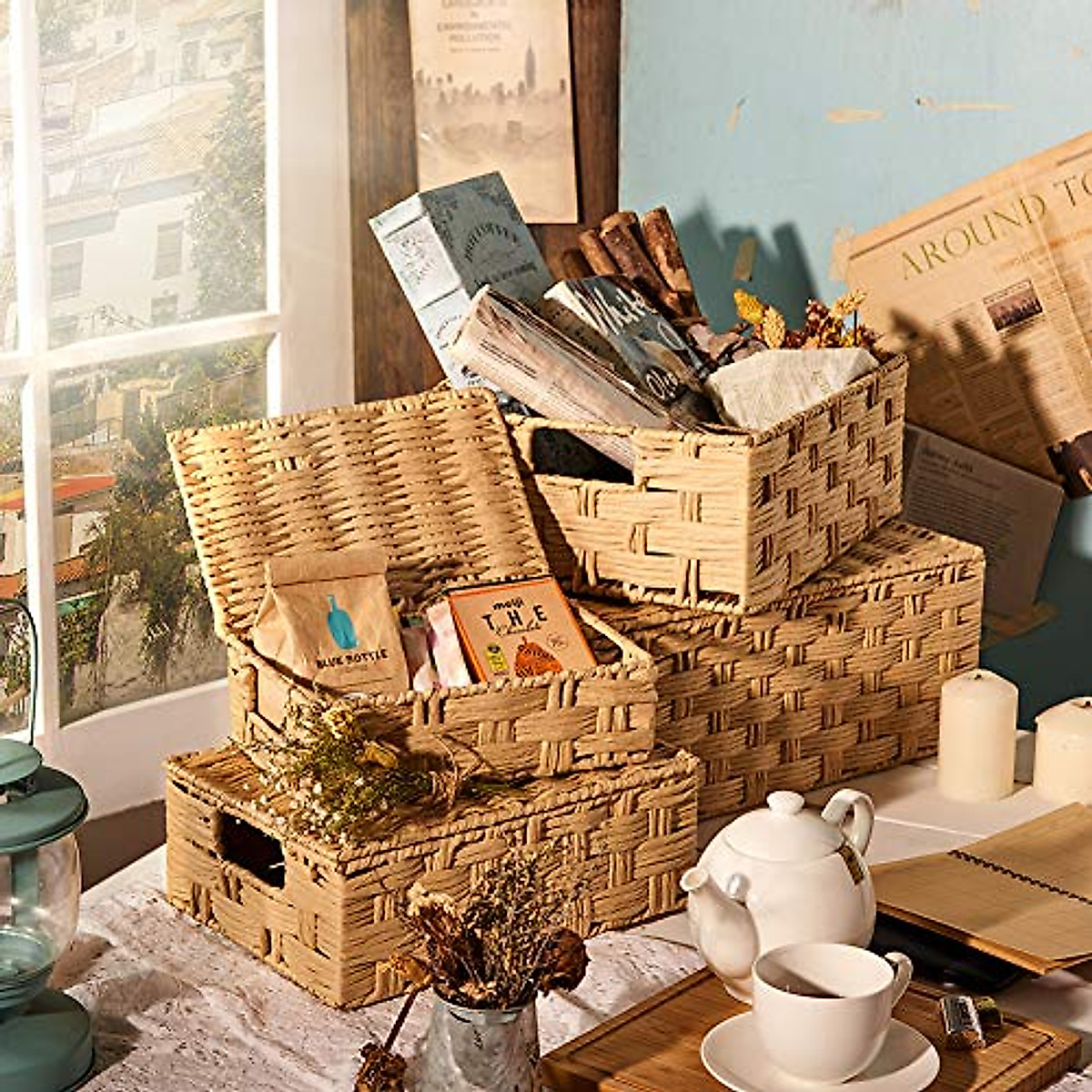 EZOWare Set of 4 Woven Stackable Storage Baskets with Lid, Decorative Paper Rope Organizer Nesting Bin with Handles - 4 Sizes, Beige