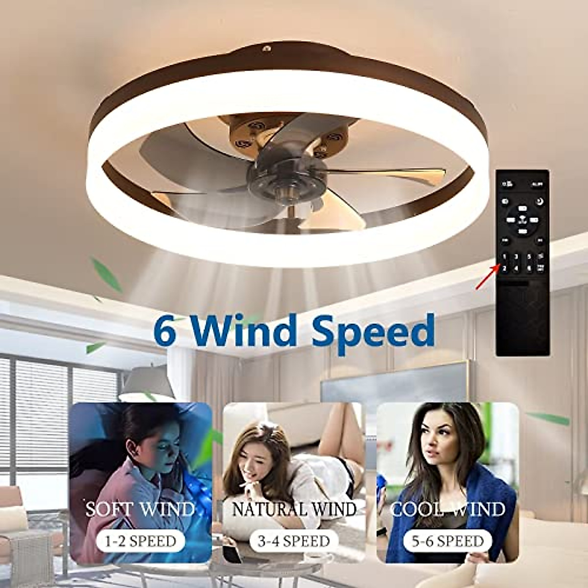 PIPRE 20'' Modern Low Profile Ceiling Fan with Light, Dimmable Low Profile Ceiling Fans with,Smart 3 Light Color Change and 6 Speeds - Black