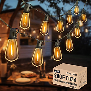 Outdoor String Lights 200FT Edison Vintage Style String Lights with 104 Shatterproof ST38 Bulbs LED Dimmable Warm 2200K Plastic Patio Lights Outdoor Waterproof for Yard Gazebo Market Bistro Lights