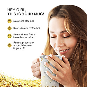 Hey Girl Tea Cup with Infuser and Lid - Double-Walled Insulation & Ceramic Outer Tea Infuser Mug - Fine-Mesh Strainer Basket - Gift-Inspired Packaging - 12 oz