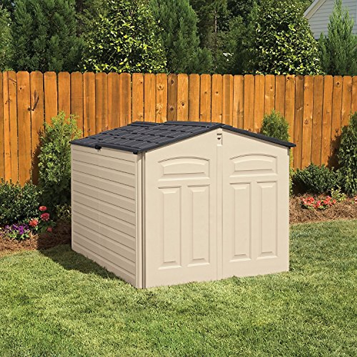 Rubbermaid Slide-Lid Resin Weather Resistant Outdoor Storage Shed, 6 x 3.75 feet, 96 cu. ft., Olive/Sandstone, for Garden/Backyard/Home/Pool
