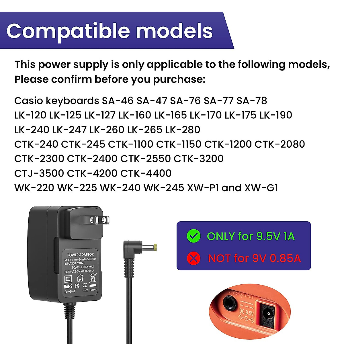 XXSZHY 9.5V AC/DC Adapter for Casio Power Supply Charger for Casio Piano Keyboard - Only Compatible for Listed Models (8.2 Ft Long Cord) (9.5v 1a)
