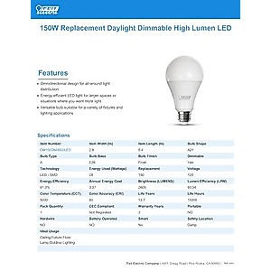 Feit Electric A21 LED Light Bulb, 150W Equivalent, Dimmable, 2605 Lumens, E26 Standard Base, 5000K Daylight, 80 CRI, High Output LED Light Bulb, Damp Rated, 15,000-Hour Lifetime, OM150DM/850/LED