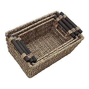 JVL Seagrass Set of 3 Tapered Storage Baskets with Wooden Handles