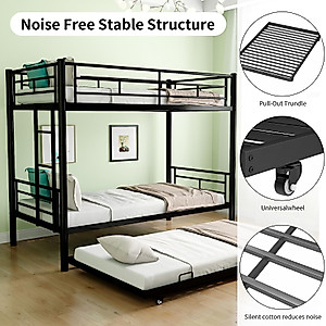 QSOSTNS Twin Over Twin Bunk Bed with Trundle, Heavy Duty Bunk Beds Frame with Side Ladders Convertible Bunkbed with Safety Guard Rails, No Box Spring Needed (Black)