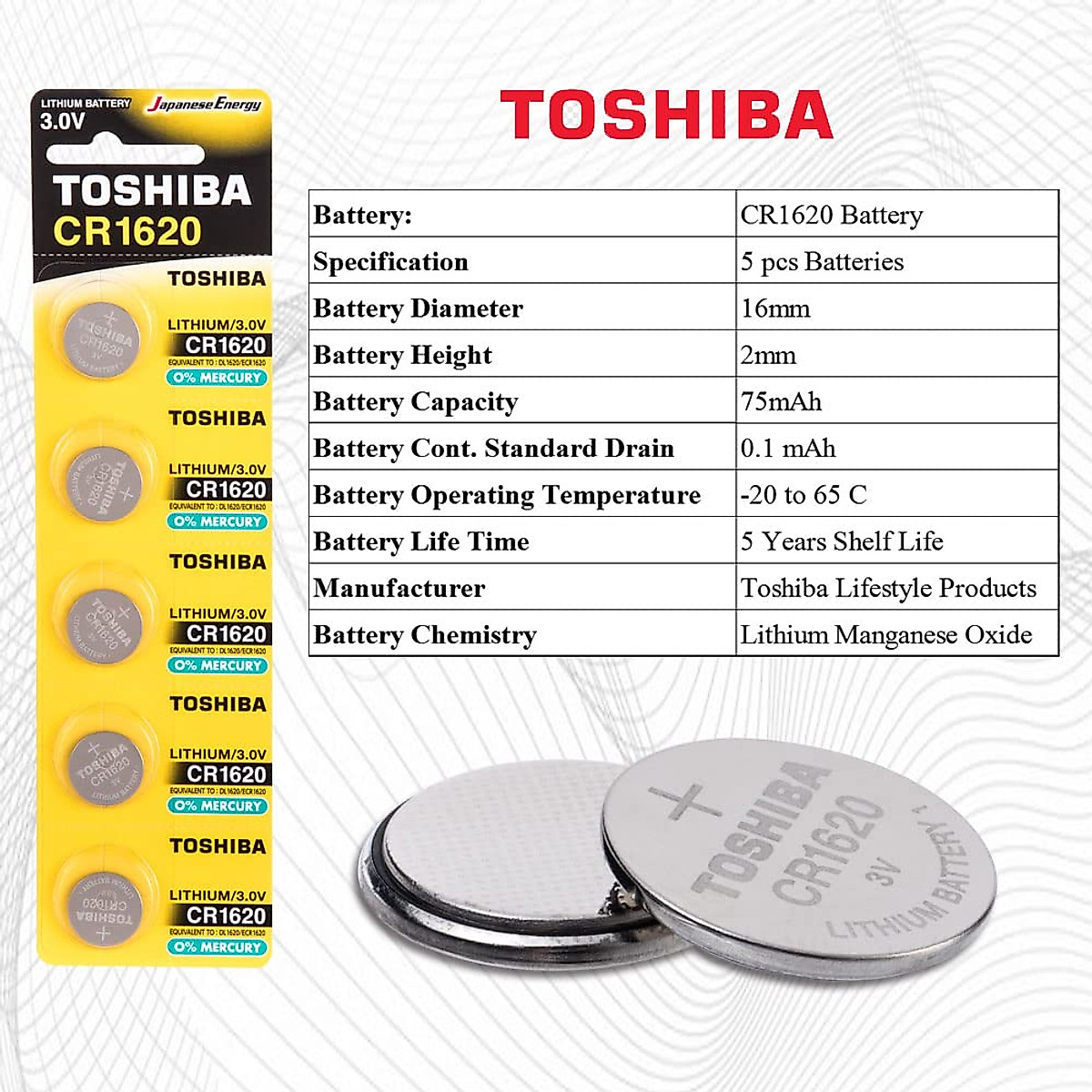 Toshiba CR1620 3V Lithium Coin Cell Battery Pack of 5