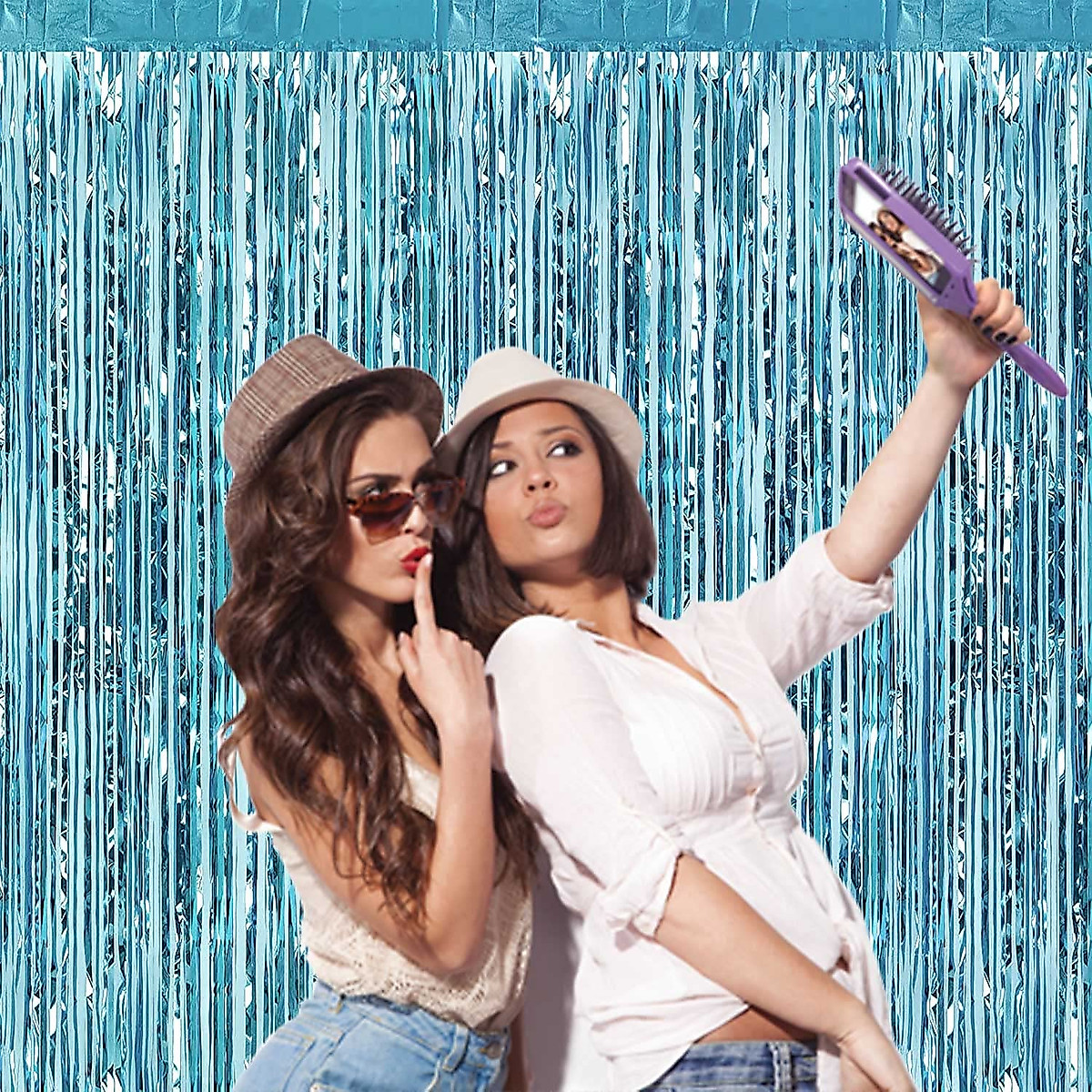 HalloweenDecorate 4 Pack Light Blue Foil Fringe Curtain Backdrop, 3.28Ftx8.2Ft Metallic Tinsel Streamer Curtains for Party, Photo Booth Props, Birthday, 2022 Graduation Decoration Party Supplies