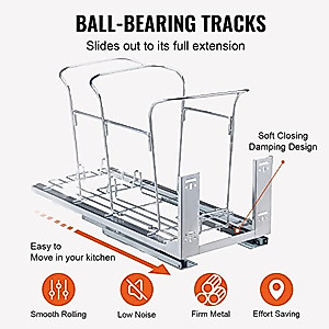 VEVOR Pull Out Trash Can, 37 Quart Recycling Bin with Silent Slide, 110 lbs Load Capacity Heavy Duty Garbage Under Mount Kitchen Waste Container for Kitchen Cabinet, Sink