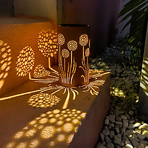 pearlstar Outdoor Solar Table Lamp 2pack Metal Dandelion Solar Lantern Lights, Retro Orange Finsih, Outside Decor for Patio Garden Yard Pathway Tabletop Waterproof(Dandelion)