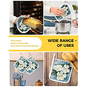 Pot Holders Set of 4,Country White Flower Green Leaf Potholder for Kitchen Heat-Proof Hot Pads,Rural Blooming Floral Blue Gradient Back Hot Mats Potholders for Cooking Baking BBQ