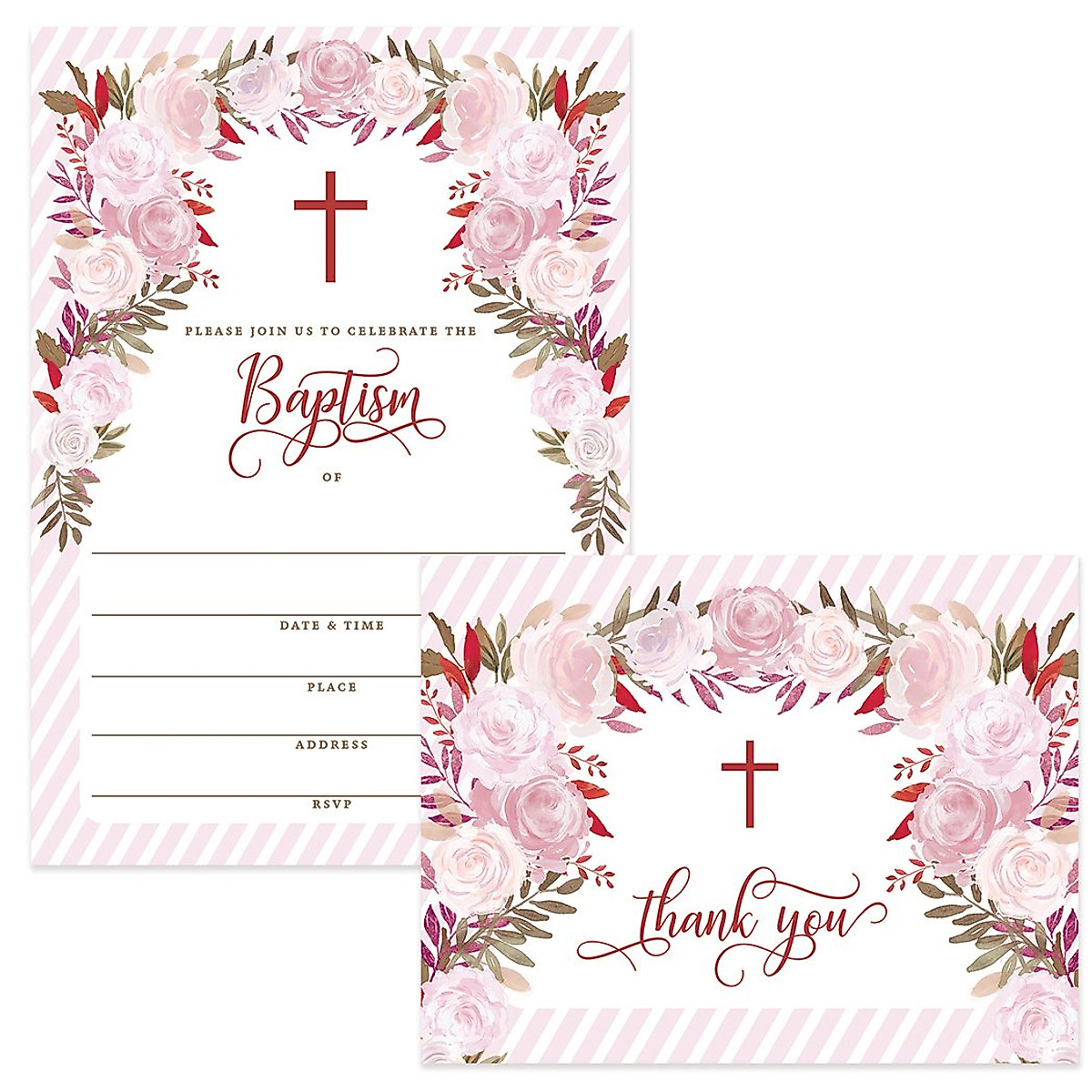 DB Party Studio Set Baby Baptism Invitations with Matched Thank You Notes ( 25 of Each ) Envelopes Included, 5 x 7" Lovely Pink Roses Fill-in Invites & Folded Thanks Cards Infant Christening Pair