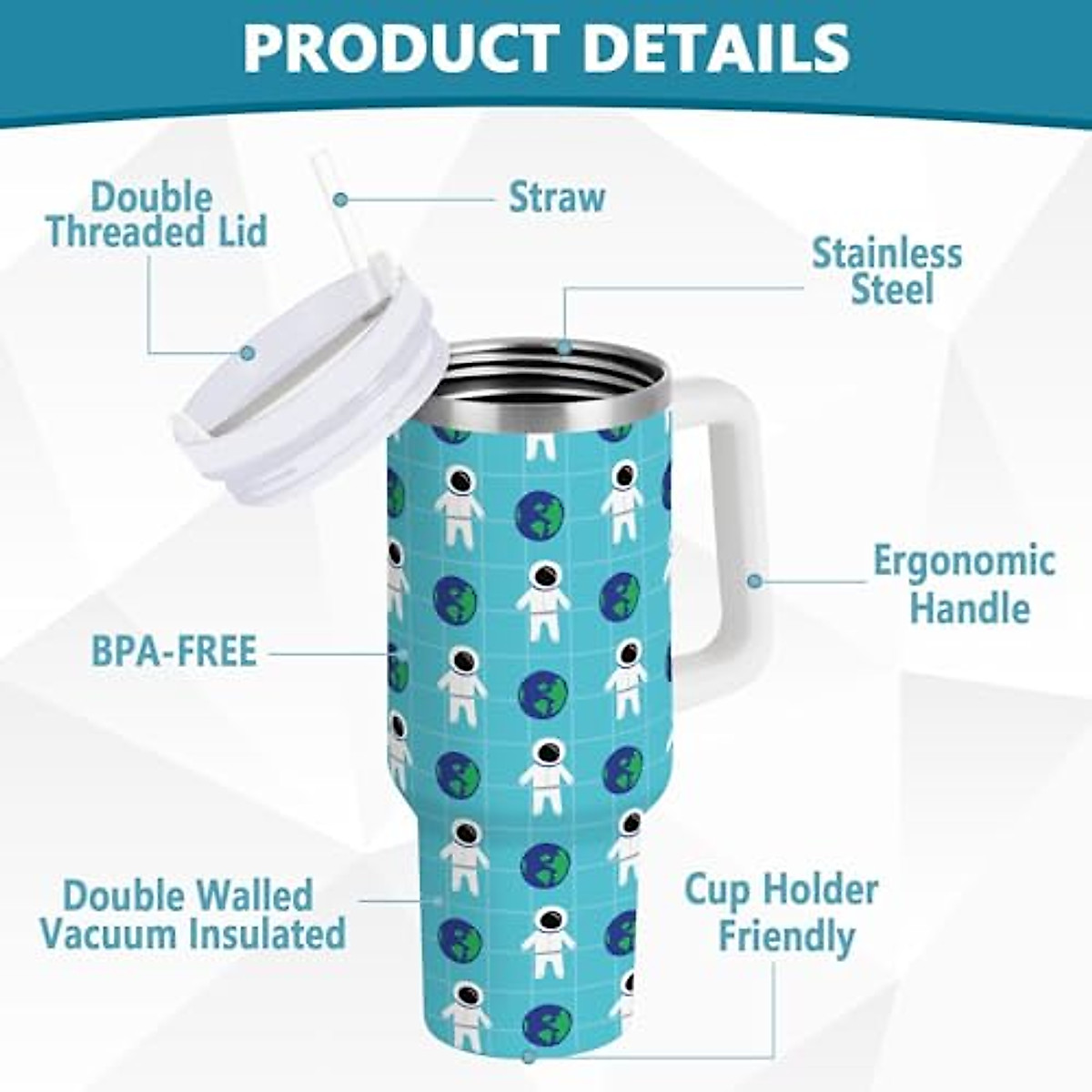 ARGTILDN 40 oz Tumbler Astronaut Earth Space Insulated Travel Mug with Handle and Straw Lid Stainless Steel Vacuum Coffee Cup Tea Beverage Container Water Bottles for Car Sports office