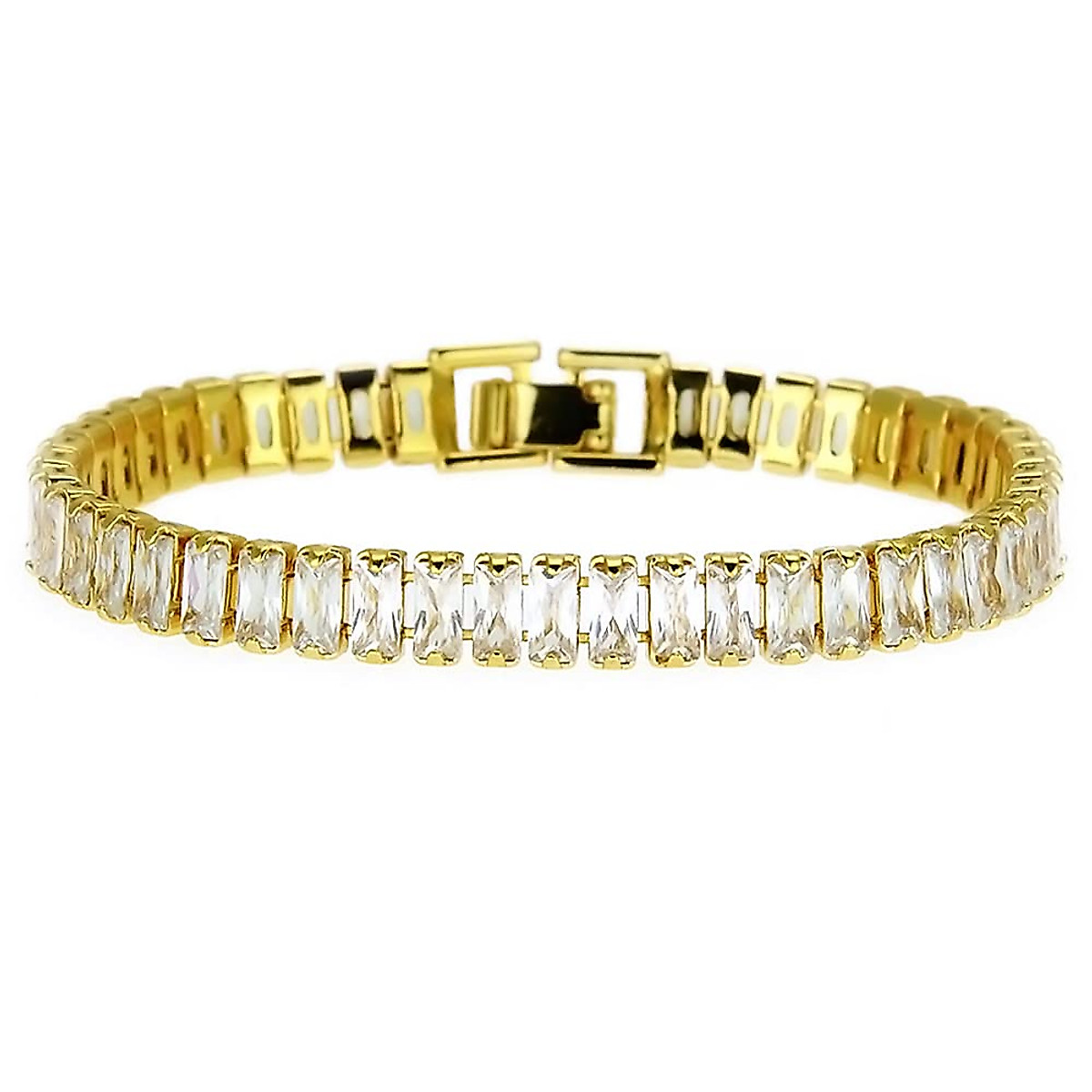 Apzzic 7mm Bling Iced Out Cubic Zirconia Baguette Diamond Hip Hop Gold Plated Tennis Chain Bracelet for Men Women Gold 7Inch