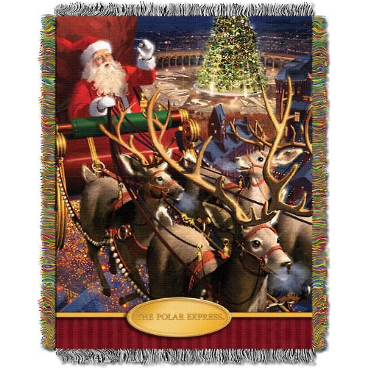 Warner Brothers The Polar Express, "Santa Flight" Woven Tapestry Throw Blanket, 48" x 60", Multi Color