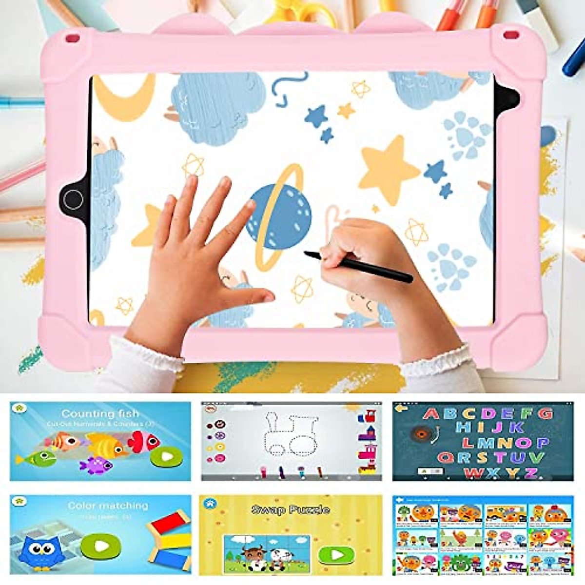 HeavenBird Kids Tablet 8 Inch, Smart Tablet for Kids with Stylus Pen & Earphone, Android 10, 2GB & 32GB, 1280 x 800 IPS Touchscreen Display, Triple Camera, Children-Tablet Proof Case
