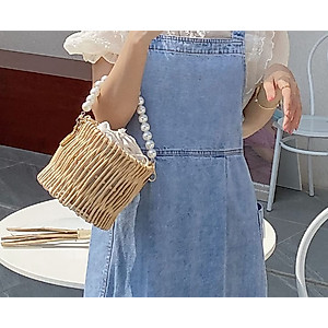 Straw Beach Pearl Bag Purse Bag for Women Vacation Handmade Basket Tote Bamboo Should Bag Handbag Best Gift for Girls Wife
