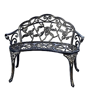 U/D Outdoor Bench Park Garden Bench ，All Chair Anti Rust Cast Aluminum Patio Yard Bench ，Carved Rose Loveseat Bench for Backyard. Porch, Balcony, Lawn. (Without Cushion, Copper)