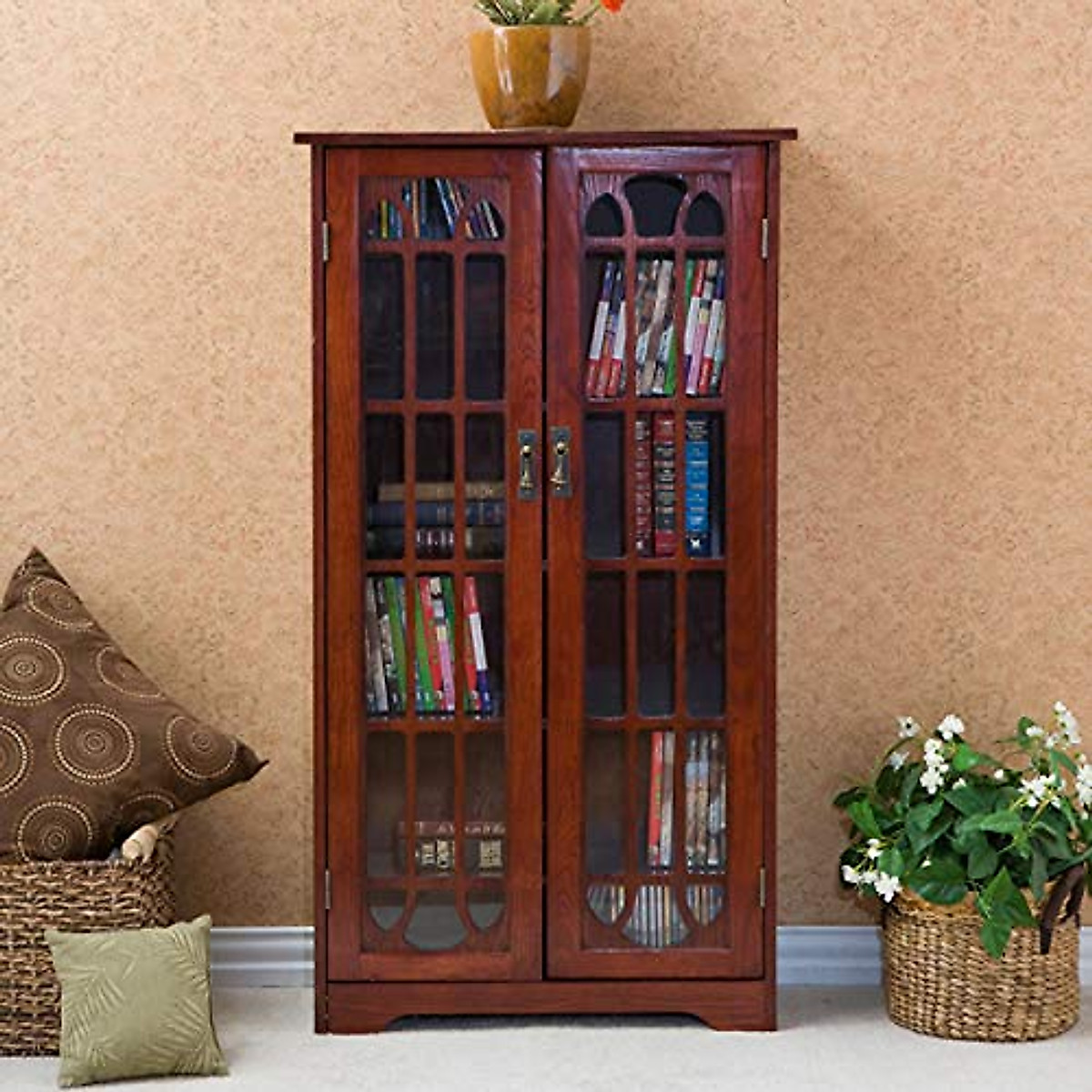 SEI Furniture Window Pane Storage Adjustable Shelves Display Cabinet, 47.75" H x 26.25" W x 9.5" D, Cherry