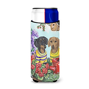 Caroline's Treasures PPP3080MUK Dachshund Blooms Ultra Hugger for slim cans Can Cooler Sleeve Hugger Machine Washable Drink Sleeve Hugger Collapsible Insulator Beverage Insulated Holder
