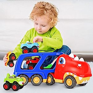 Aoskie Toddler Toys for 1 2 3 Year Old Boys Grils, Dinosaur Truck Toys for Kids with 4 Pull Back Dino Car, Christmas Party Birthday Gift